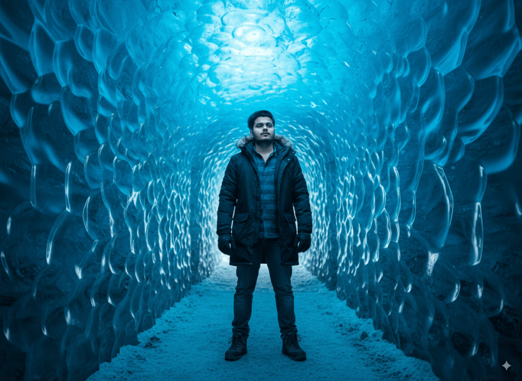 AI Adventure Photoshoot in Iceland Ice Cave - Cinematic Portrait ...